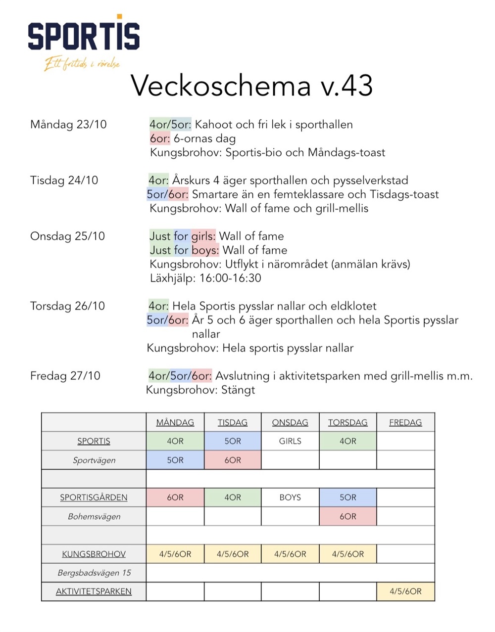 Veckoschema Sportis v.43! / IFK Wreta Kloster